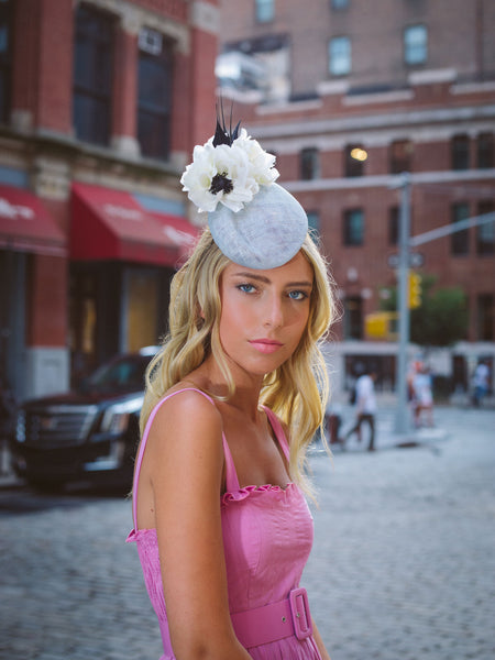 Shergar Blue Headpiece with Anemones and Feathers- Genevieve Rose Atelier